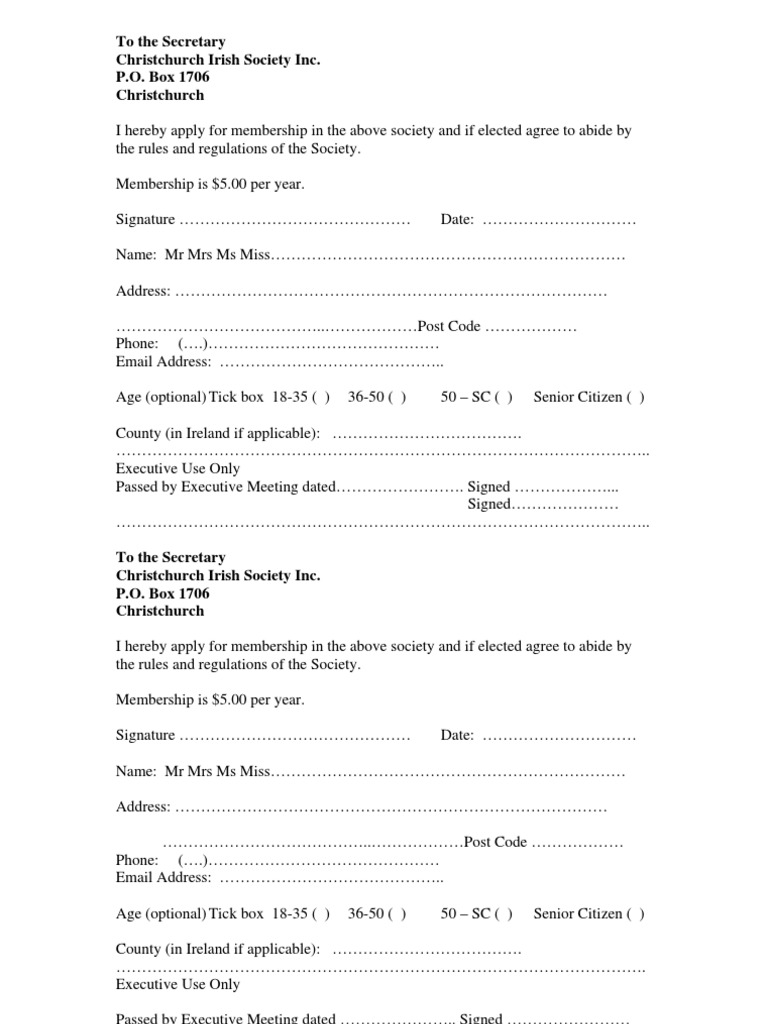 Christchurch Irish Society Membership Form | PDF