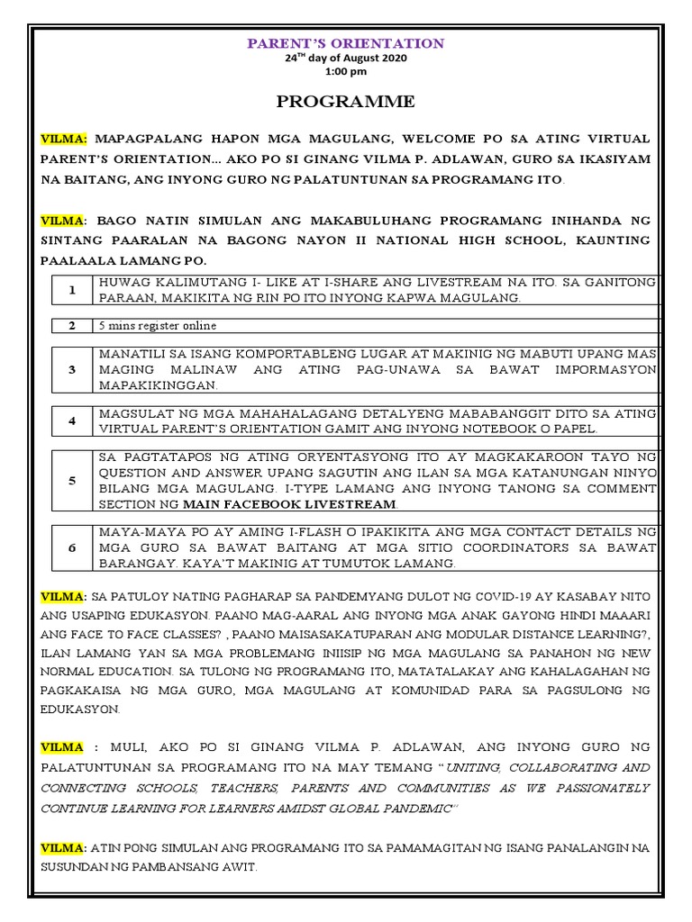 Parent's Orientation Script | PDF