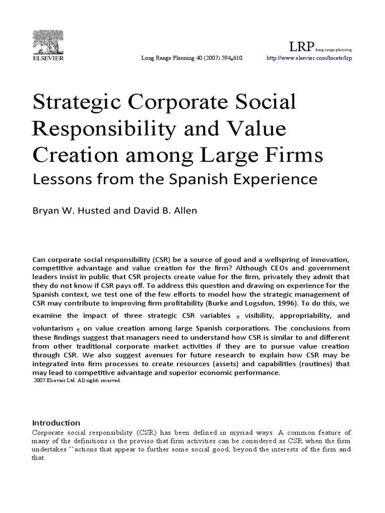 Strategic Corporate Social Responsibility and Value Creation Among ...