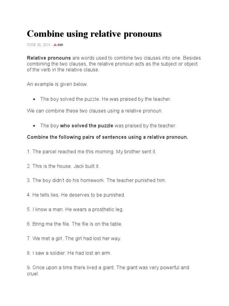 Combine Using Relative Pronouns | PDF | Comma | English Grammar