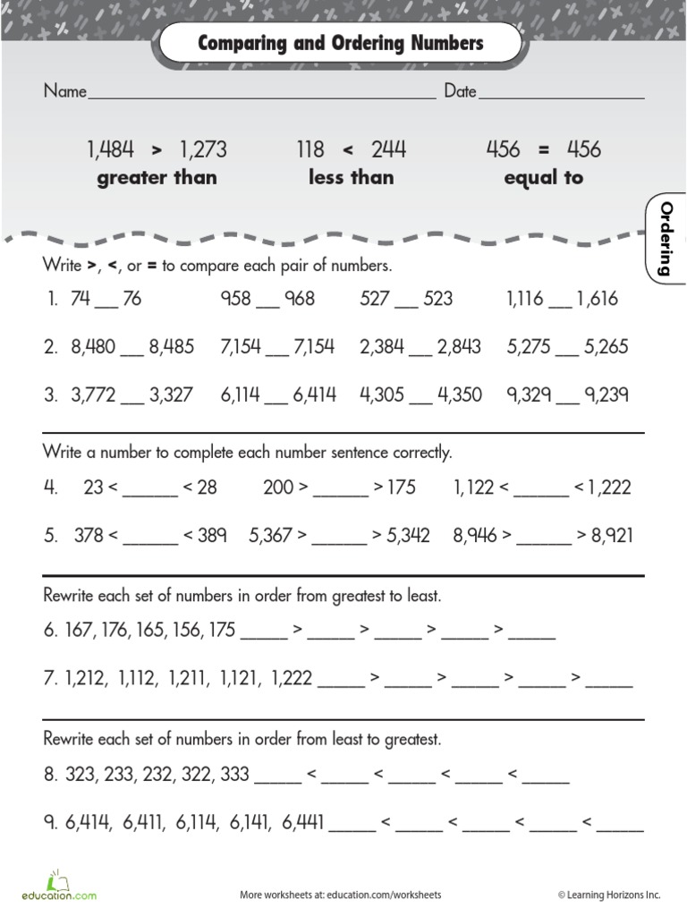 Comparing and Ordering Numbers: Greater Than Less Than Equal To | PDF