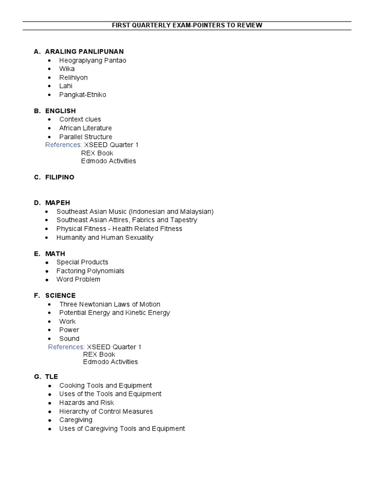 Quarterly Exam Pointers | PDF