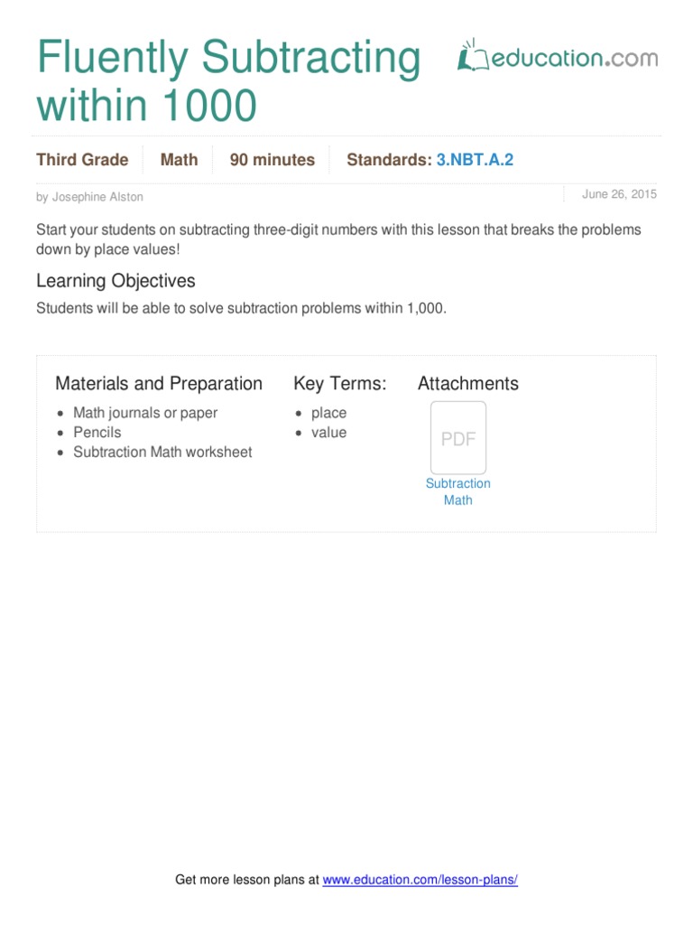 Fluently Subtracting Within 1000: Learning Objectives | Download Free ...