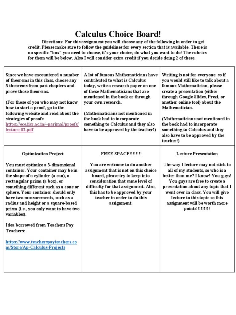 Calculus Choice Board Edsc 304 | PDF | Logarithm | Function (Mathematics)