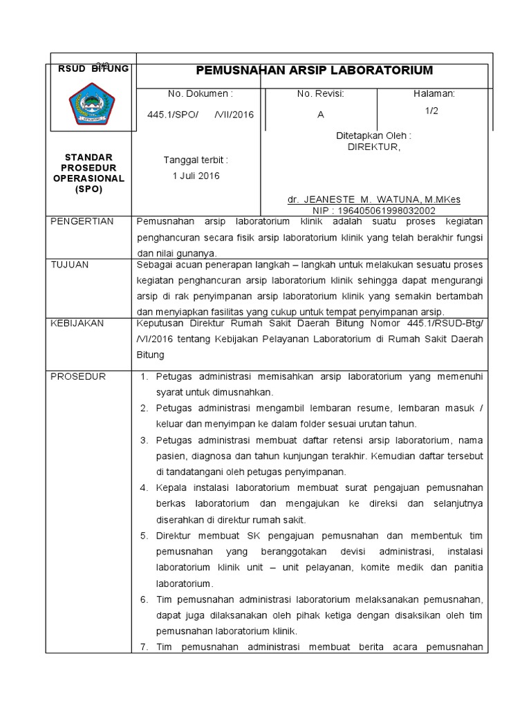 Pemusnahan Arsip Laboratorium | PDF