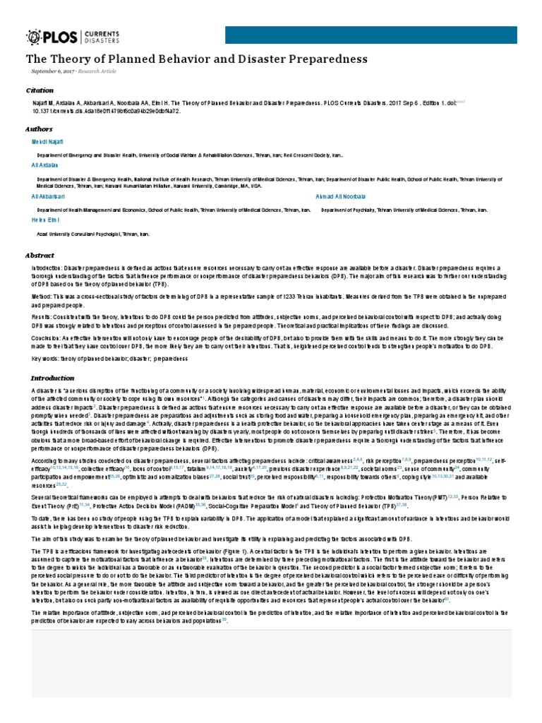 The Theory of Planned Behavior and Disaster Preparedness - PLOS ...