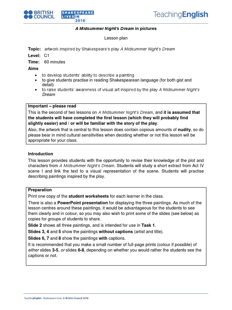 A Midsummer Night's Dream in Pictures Lesson Plan PDF | PDF | A ...