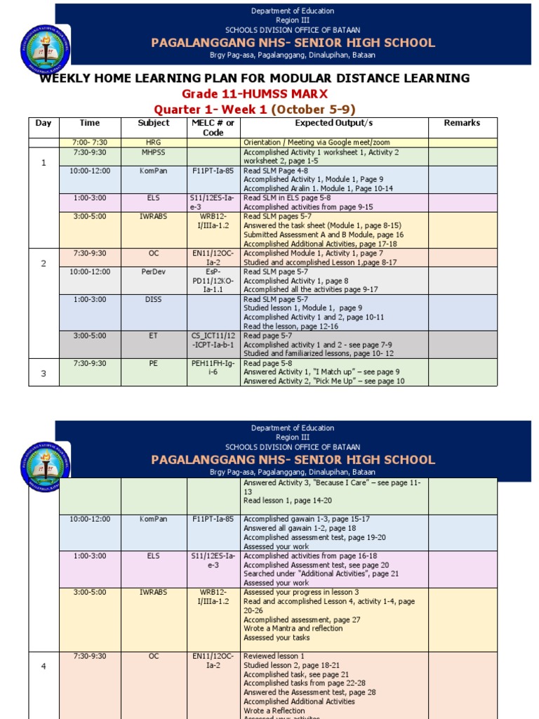 Weekly Home Learning Plan For Modular Distance Learning: Pagalanggang ...