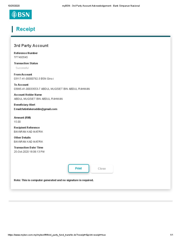 3rd Party Fund Transfer Receipt | PDF