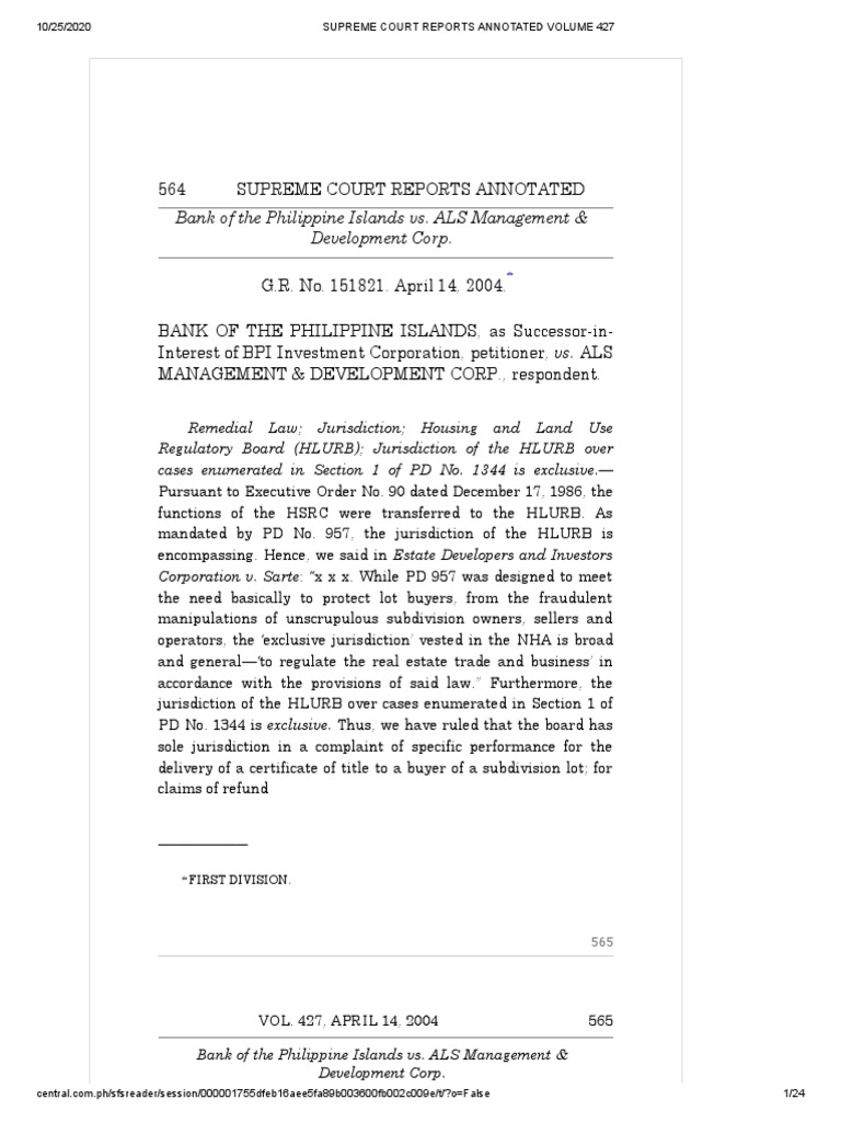 BPI v. ALS Management, G.R. No. 151821, 14 April 2004 PDF | PDF | Evidence (Law) | Jurisdiction