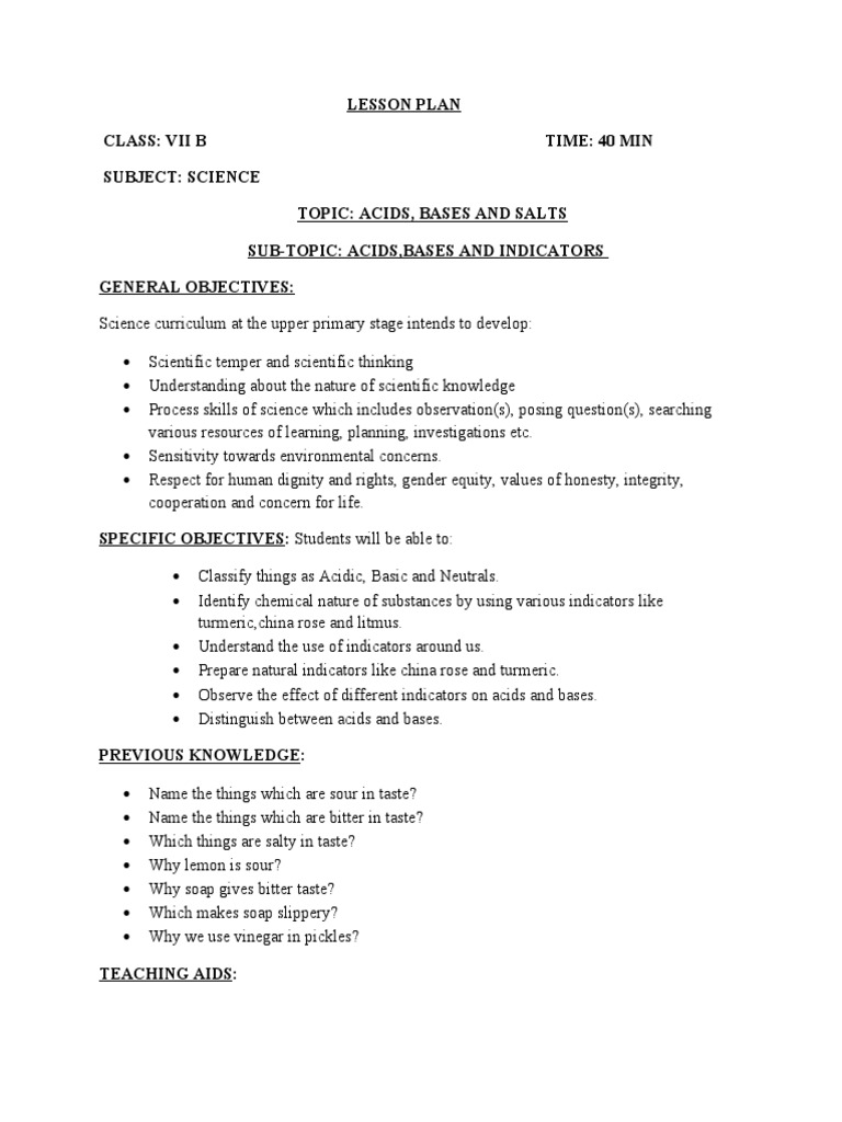 Lesson Plan Class VII (Acids, Bases and Salts) | PDF | Taste | Lesson Plan