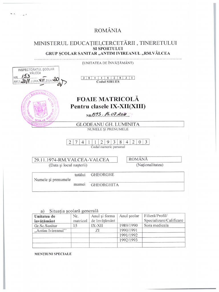 Foaie Matricola IX-XII | PDF