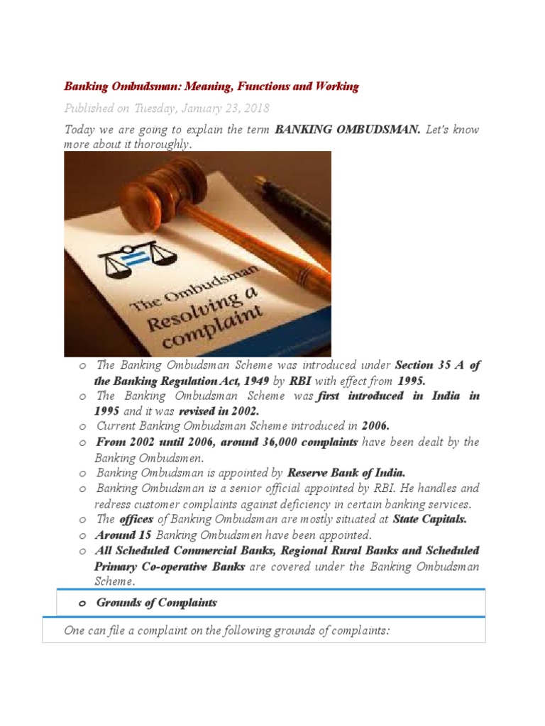 Banking Ombudsman | PDF | Banks | Reserve Bank Of India