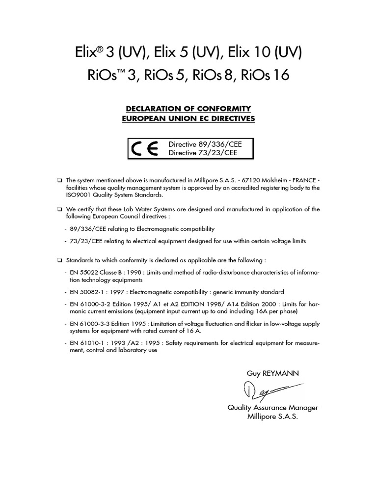 Elix 3 (UV), Elix 5 (UV), Elix 10 (UV) RiOs 3, RiOs 5, RiOs 8, RiOs 16 ...