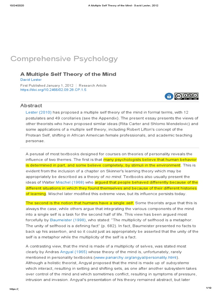 A Multiple Self Theory of The Mind - David Lester, 2012 | PDF | Twelve ...
