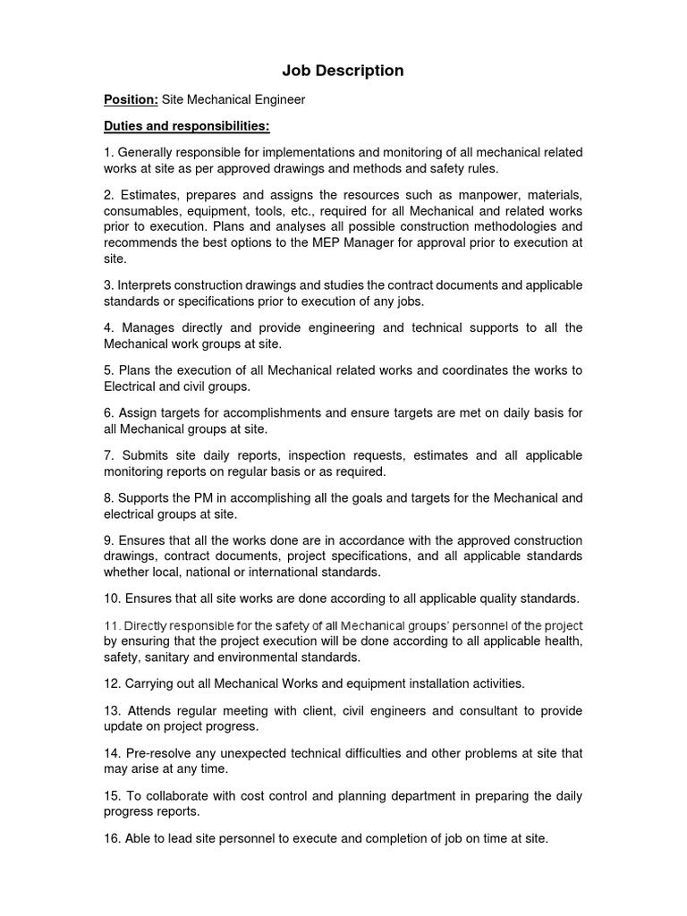 Job Description: Position: Site Mechanical Engineer Duties and ...