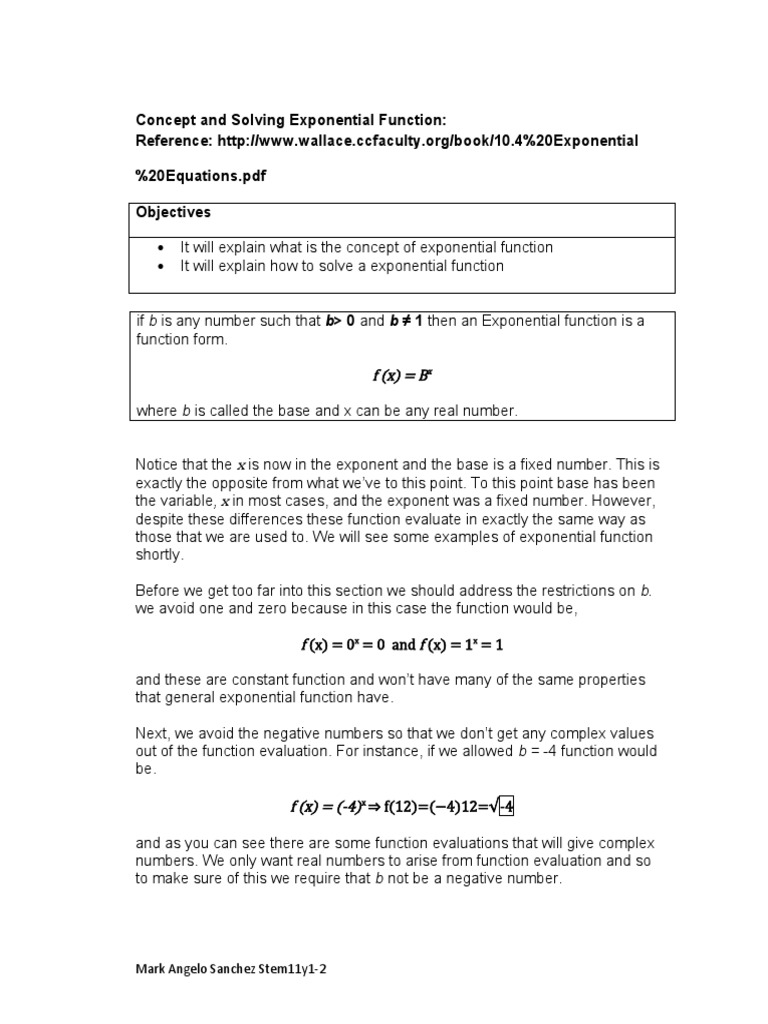 Concept and Solving Exponential Function: Equations - PDF Objectives ...