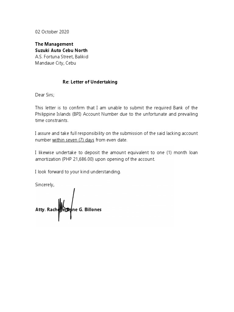 Letter of Undertaking - BPI Account | PDF
