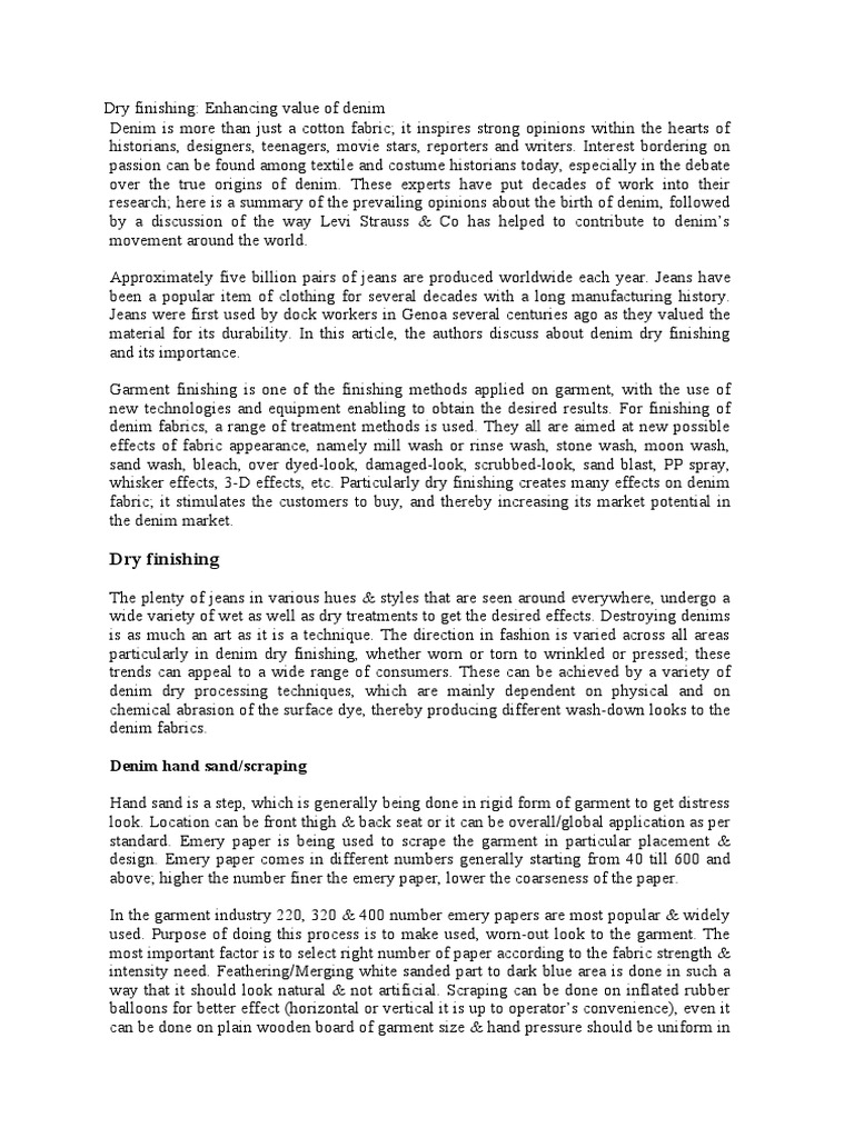 Dry Finishing: Denim Hand Sand/scraping | PDF | Jeans | Clothing