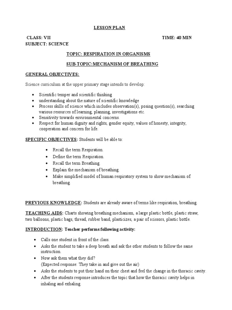 Lesson Plan of Respiratory System | PDF | Exhalation | Breathing