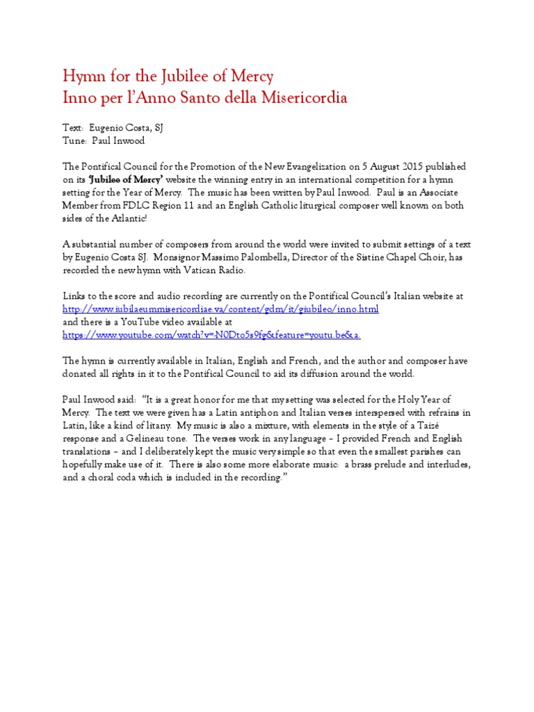 Hymn For The Jubilee of Mercy Inno Per L'anno Santo Della Misericordia ...