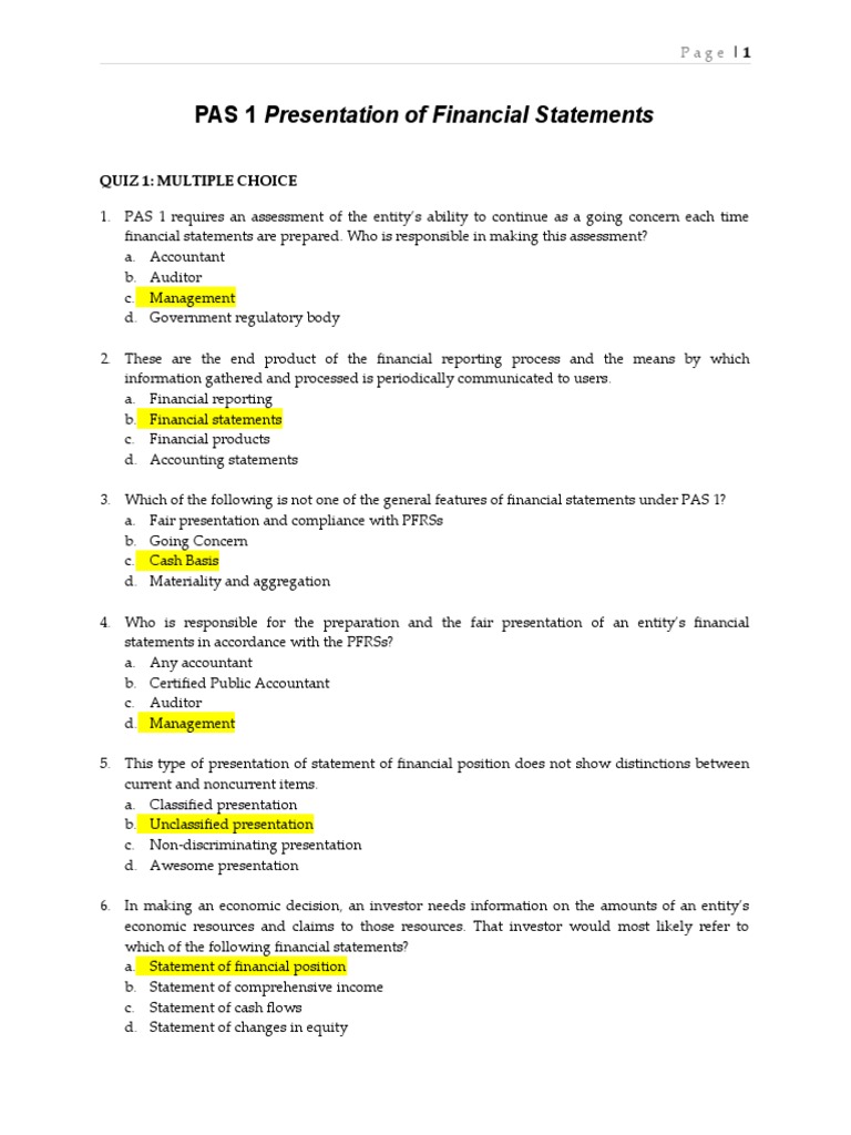PAS 1 Presentation of Financial Statements: Quiz 1: Multiple Choice ...