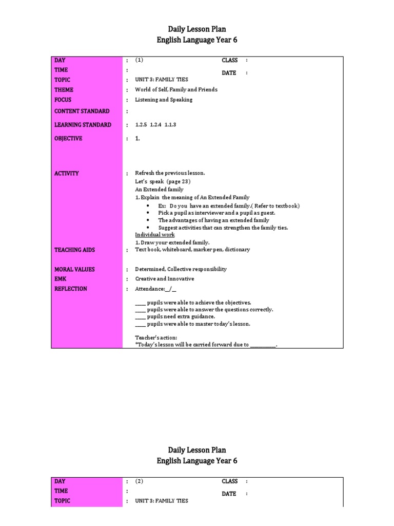 Daily Lesson Plan English Language Year 6 | PDF | Lesson Plan | Pronoun