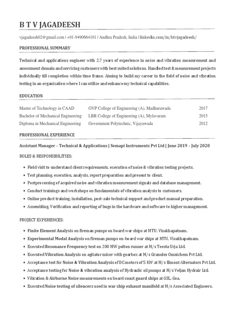 Resume - B T V Jagadeesh. | PDF | Engineering | Mechanical Engineering