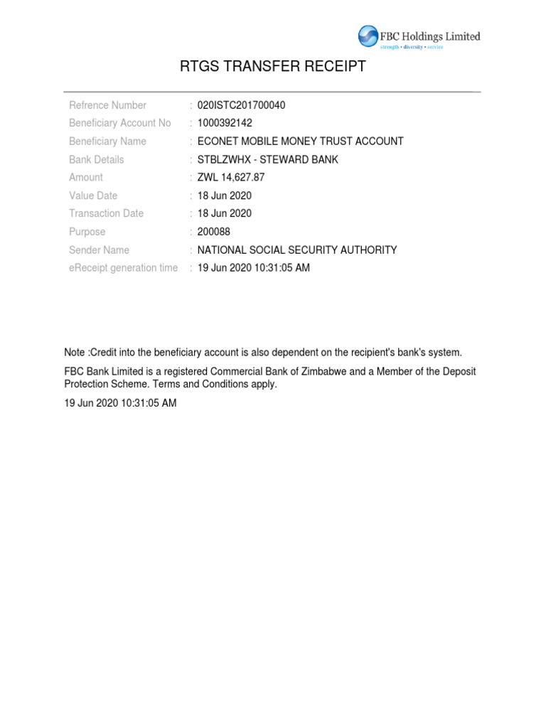 RTGS Transfer Receipt Template | PDF