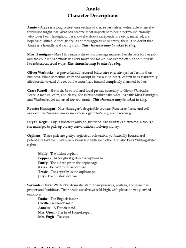 Annie Character Descriptions | PDF | Annie (Musical) | Entertainment ...