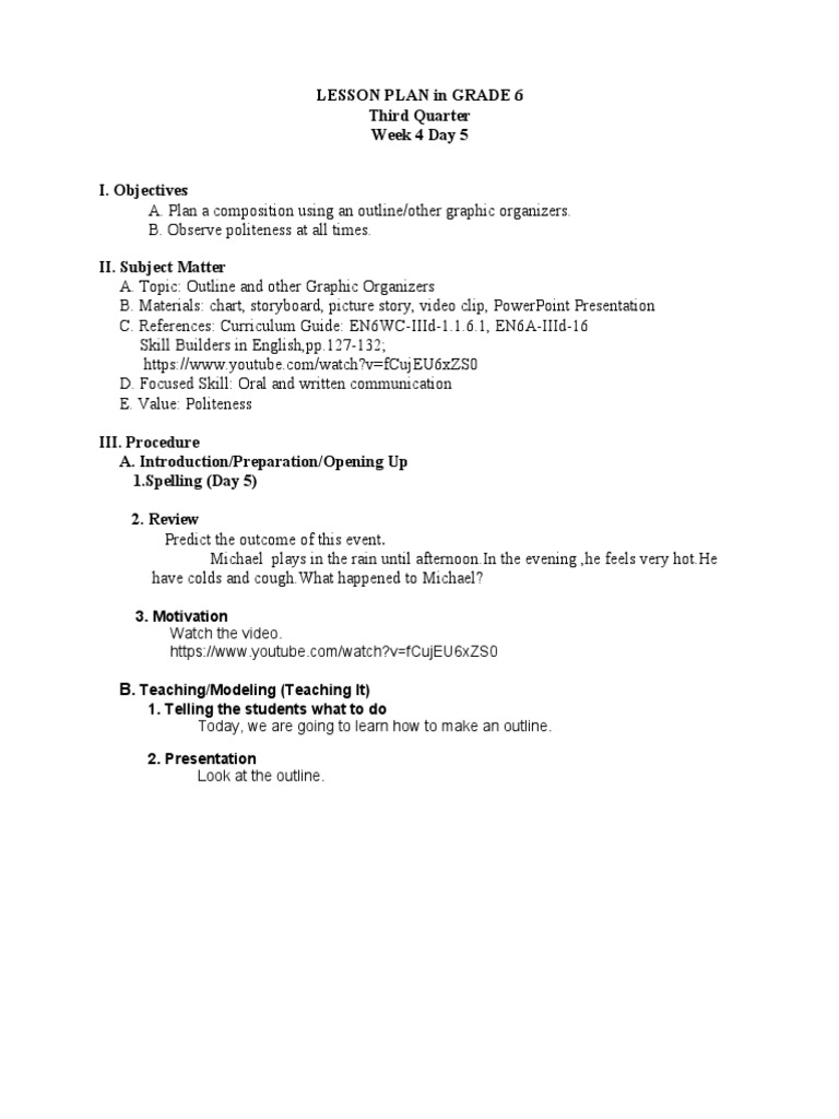 Lesson Plan in Grade 6 Third Quarter Week 4 Day 5 I. Objectives | PDF ...