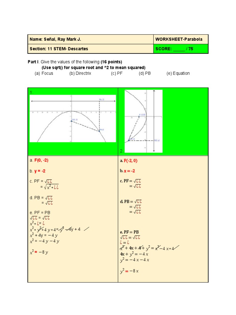 Parabola Worksheet | PDF | Geometric Objects | Geometry