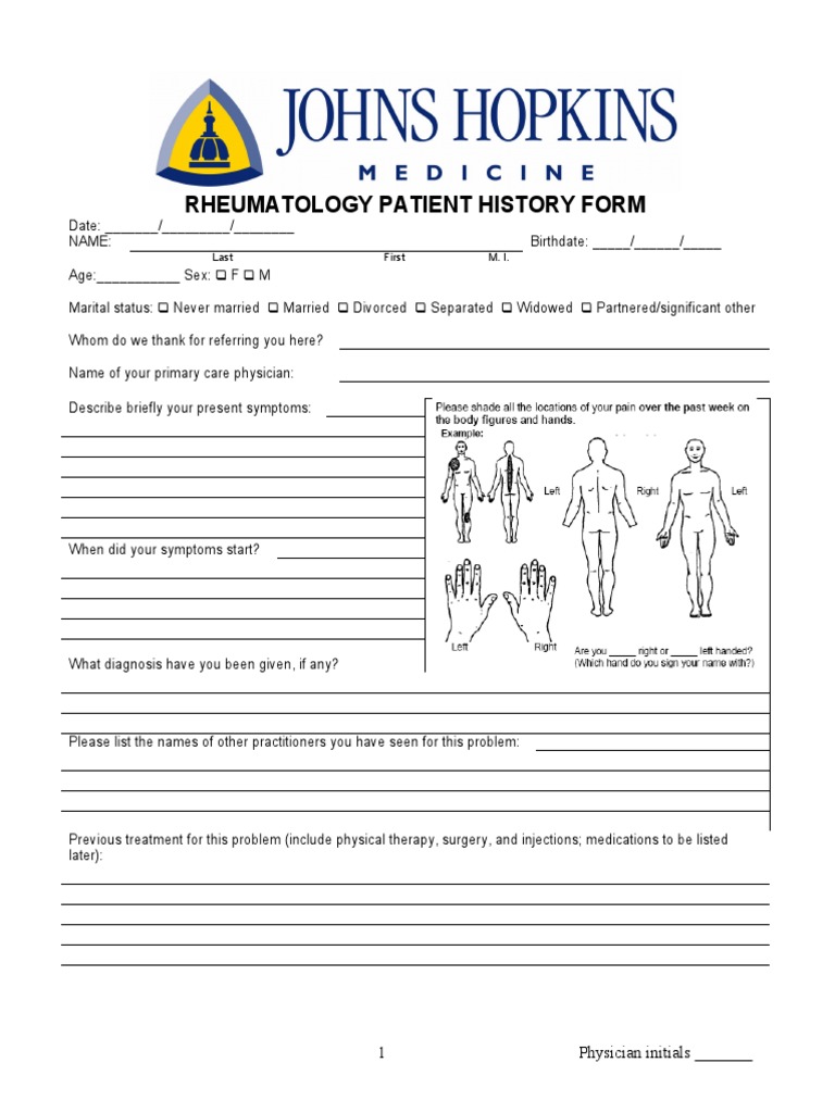 Rheumatology Patient History Form: Last First M. I | PDF | Arthritis ...