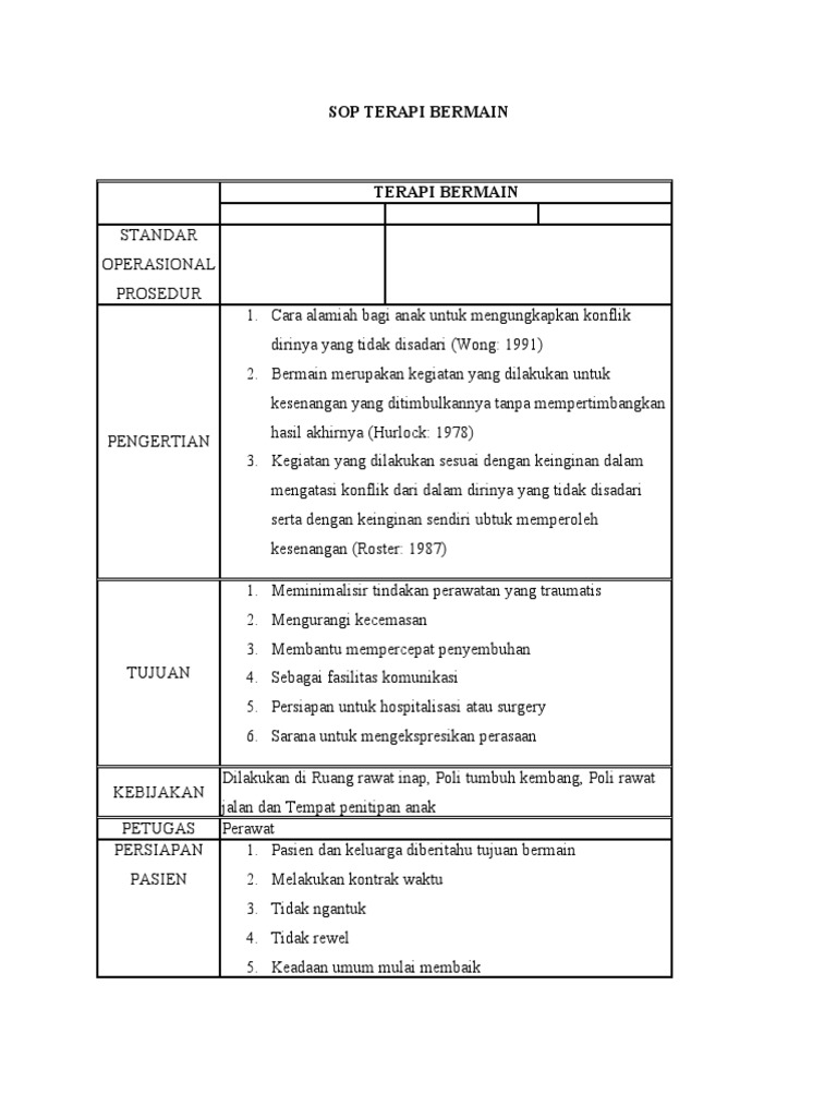 SOP Terapi Bermain untuk Anak | PDF | Pengembangan Diri | Kesehatan ...