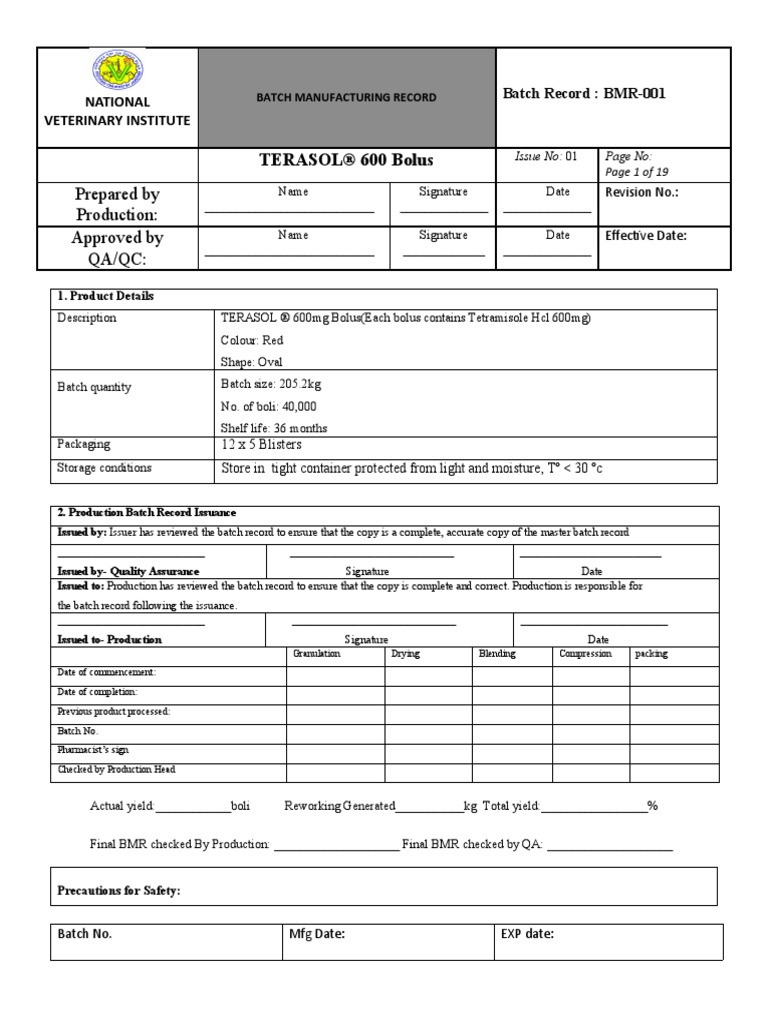 Prepared by Production: Approved by QA/QC:: TERASOL® 600 Bolus | PDF ...