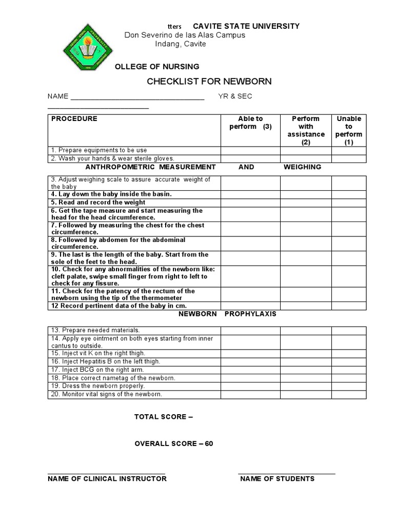 Newborn Assessment and Care Checklist | PDF | Health Sciences ...