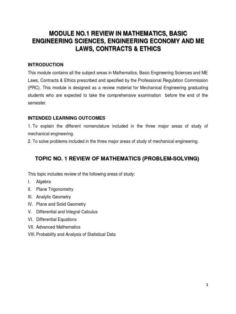 Module No.1 Review in Mathematics, Basic Engineering Sciences ...