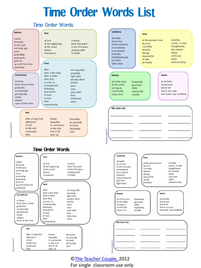 Time Order Words List: © 2012 For Single Classroom Use Only | PDF ...