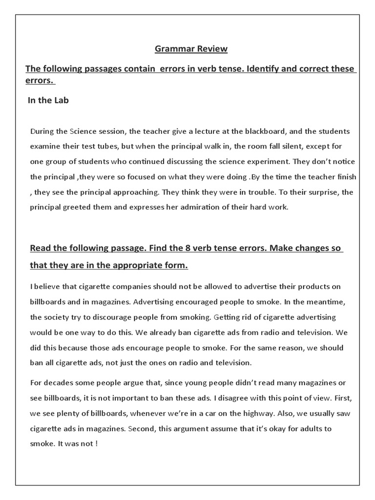 Grammar Review The Following Passages Contain Errors in Verb Tense ...