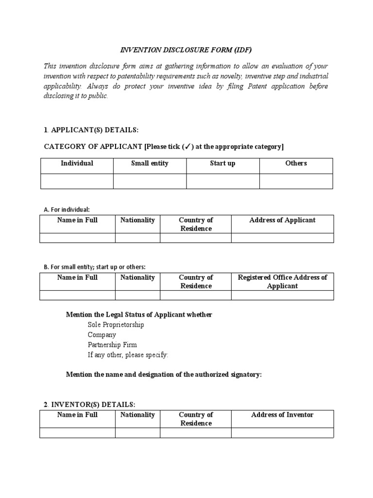 Invention Disclosure Form for Patent Evaluation | PDF | Prior Art ...