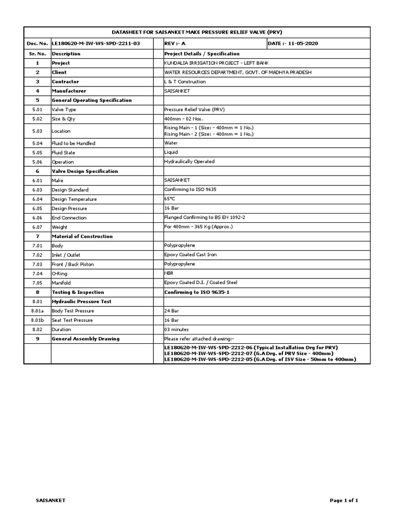 Datasheet, Drawings & QAP For Pressure Relief Valve DN400 PN16-LBC ...