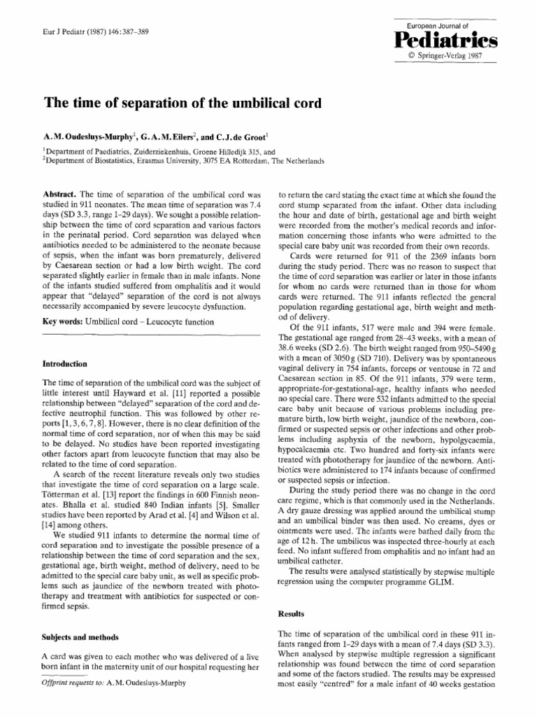The Time of Separation of The Umbilical Cord: Pediatrics | PDF ...