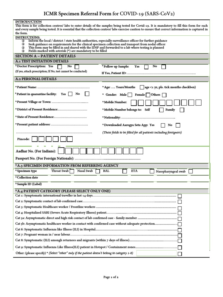 Icmr Specimen Referral Form For Covid-19 (Sars-Cov2) : Section A ...