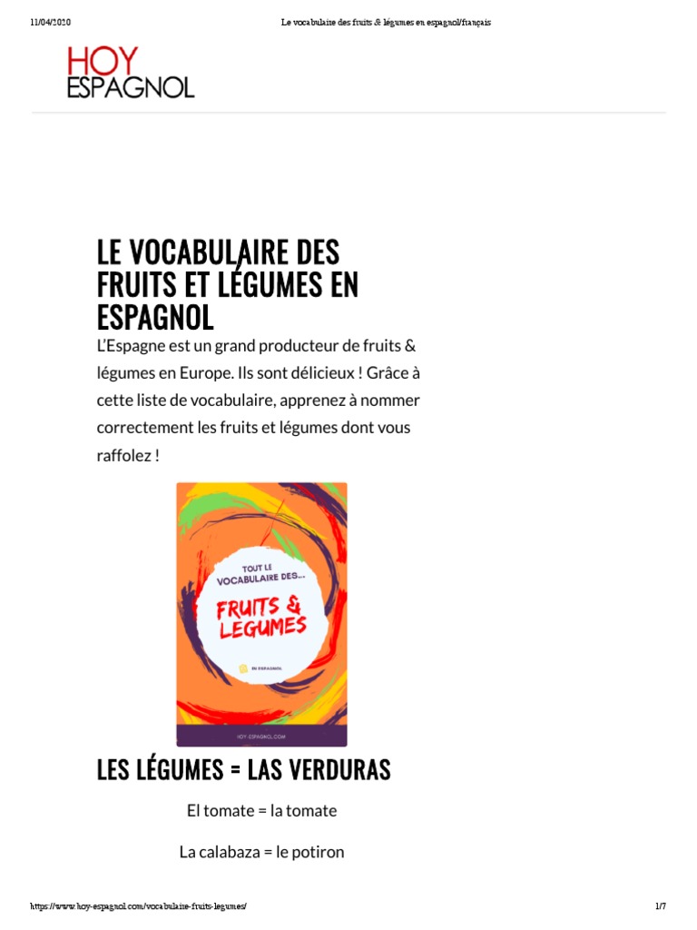 Vocabulaire des fruits et légumes espagnols | PDF | Légumes | Agronomie
