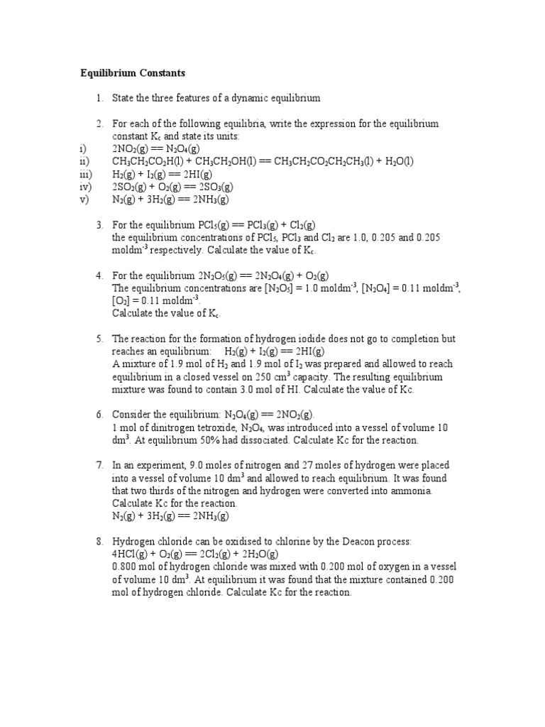 Equilibrium Constants and Calculations | PDF | Chemical Equilibrium ...