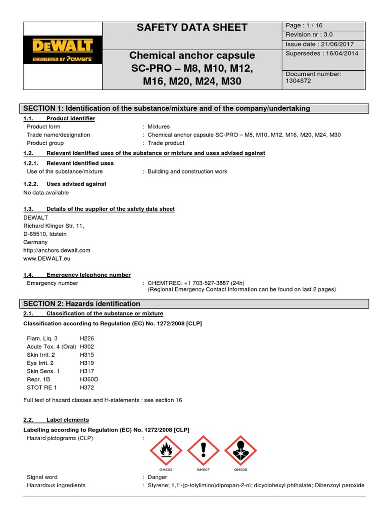 Safety Data Sheet: SECTION 1: Identification of The Substance/mixture and of The Company ...