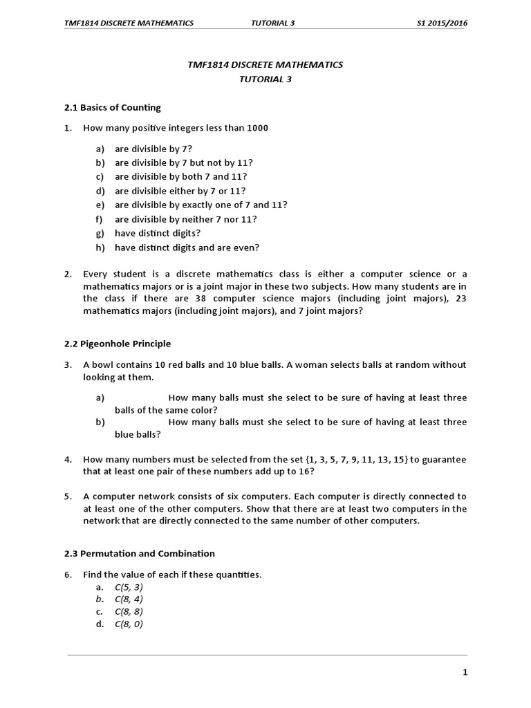 2.1 Basics of Counting: Tmf1814 Discrete Mathematics Tutorial 3 ...