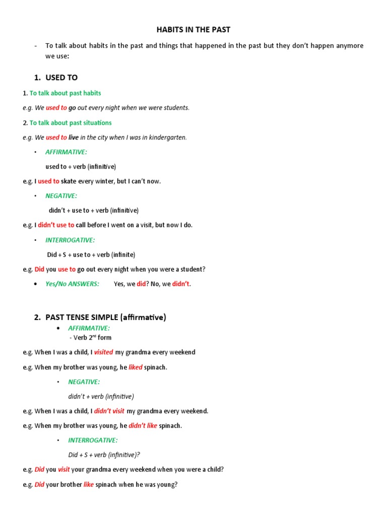 Past Habits for ESL Learners | PDF