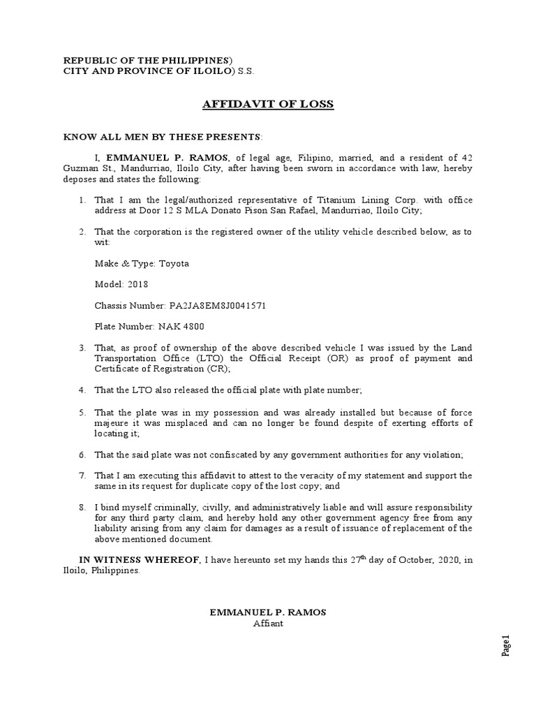 Affidavit of Loss: Republic of The Philippines) City and Province of ...