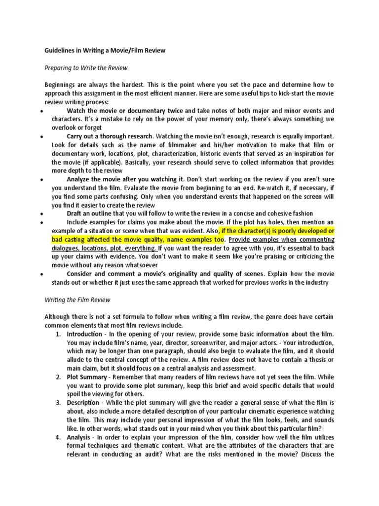 Guidelines in Writing A Movie Review | PDF | Internal Control | Plot ...